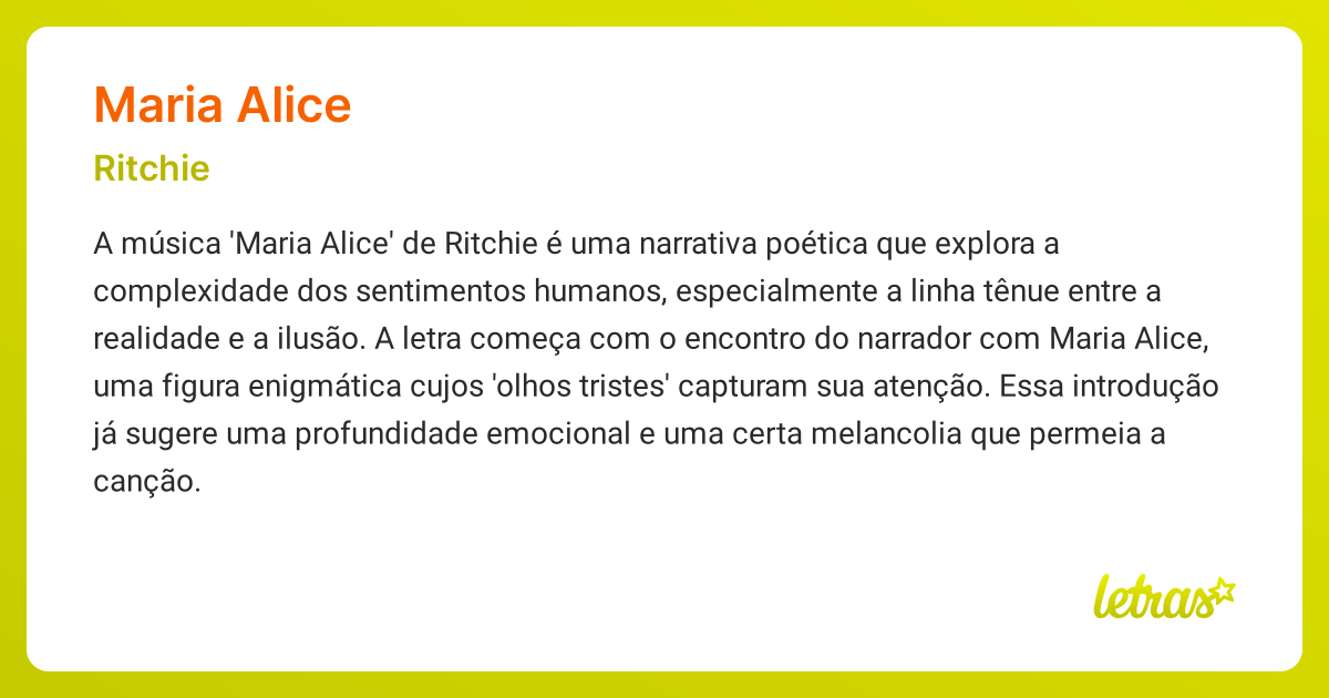 Significado da música MARIA ALICE (Ritchie) - LETRAS.MUS.BR