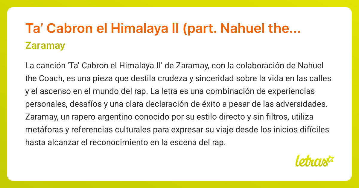 Significado de la canción Ta’ Cabron el Himalaya II (part. Nahuel the ...