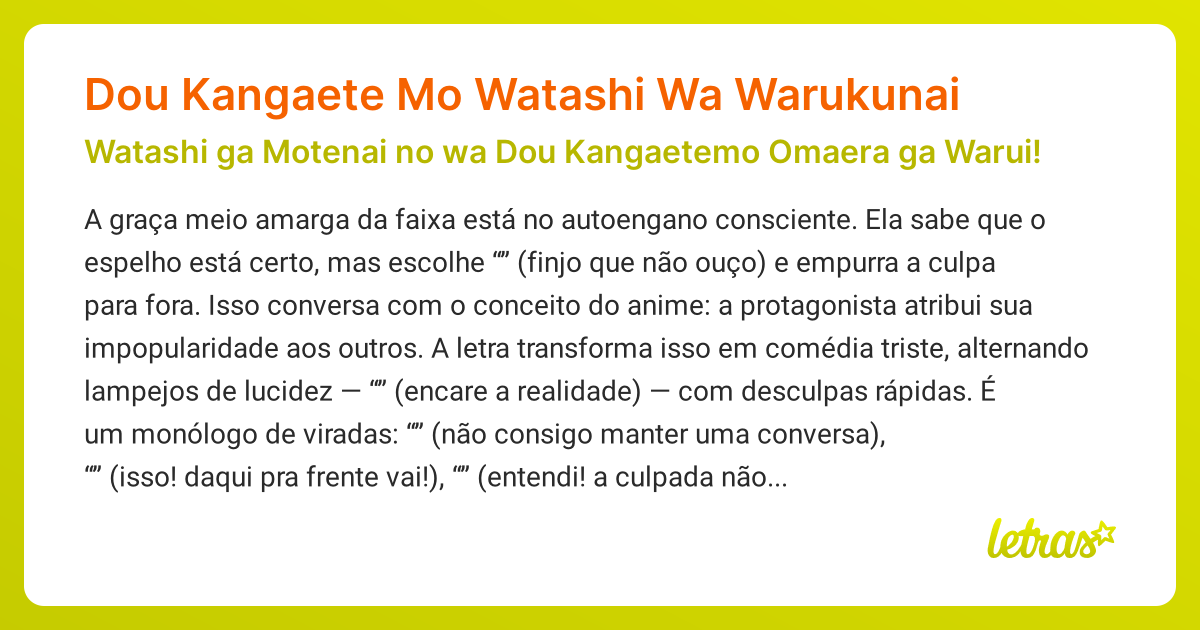 Significado da música Dou Kangaete Mo Watashi Wa Warukunai (Watashi ga ...