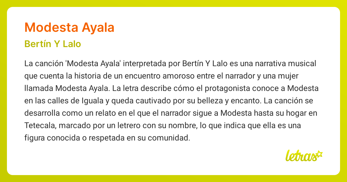 Significado de la canción MODESTA AYALA (Bertín Y Lalo) - LETRAS.COM