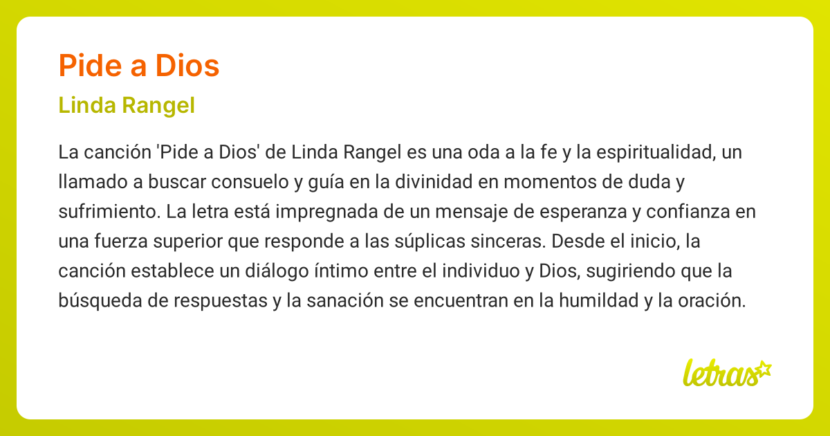 Significado de la canción PIDE A DIOS (Linda Rangel) - LETRAS.COM