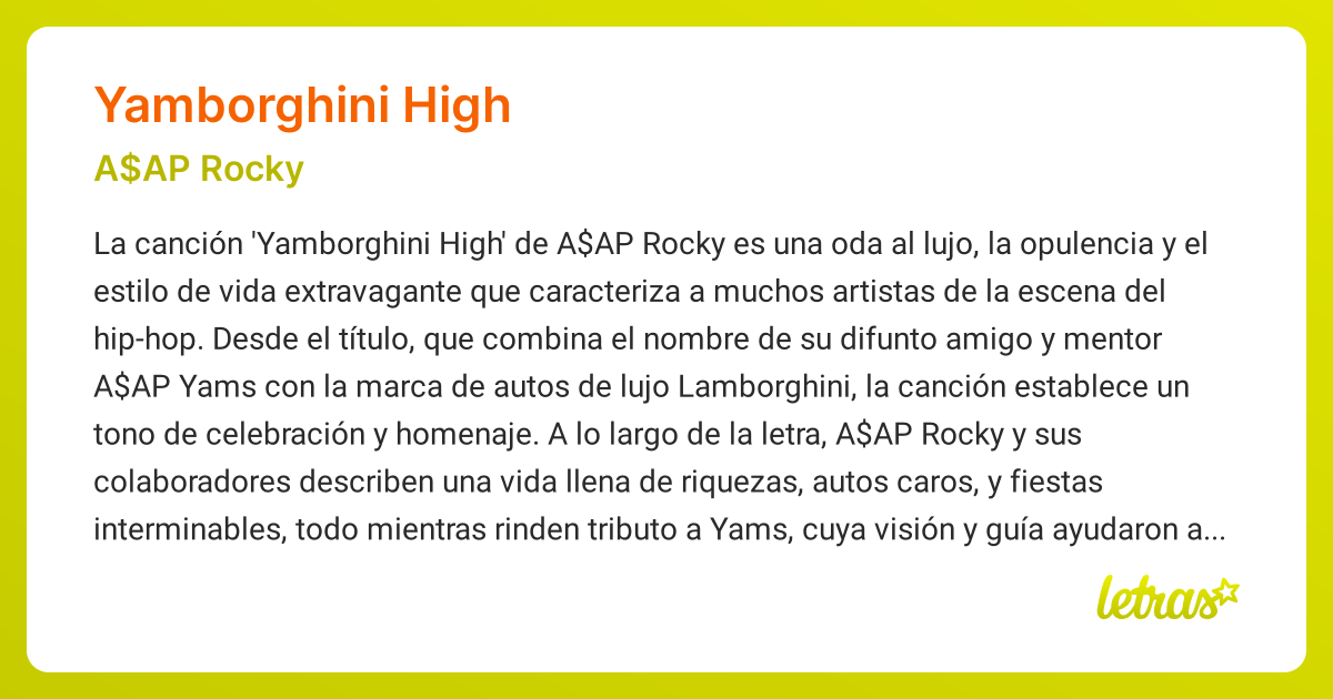 Significado de la canción YAMBORGHINI HIGH (A$AP Rocky) - LETRAS.COM