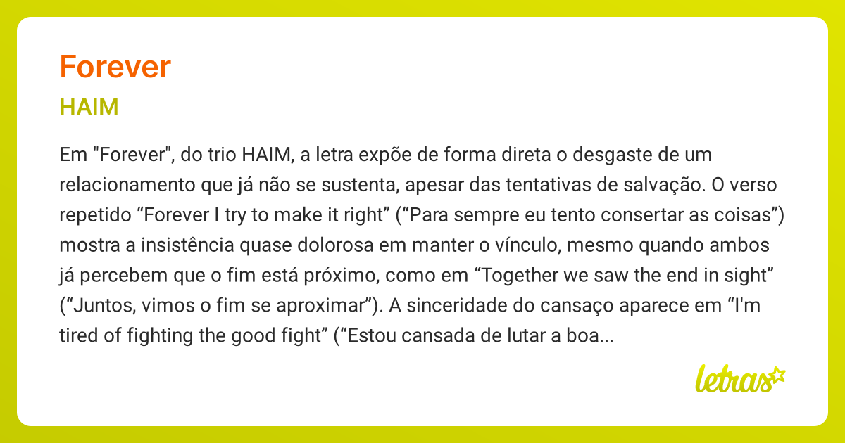 Significado da música FOREVER (HAIM) - LETRAS.MUS.BR
