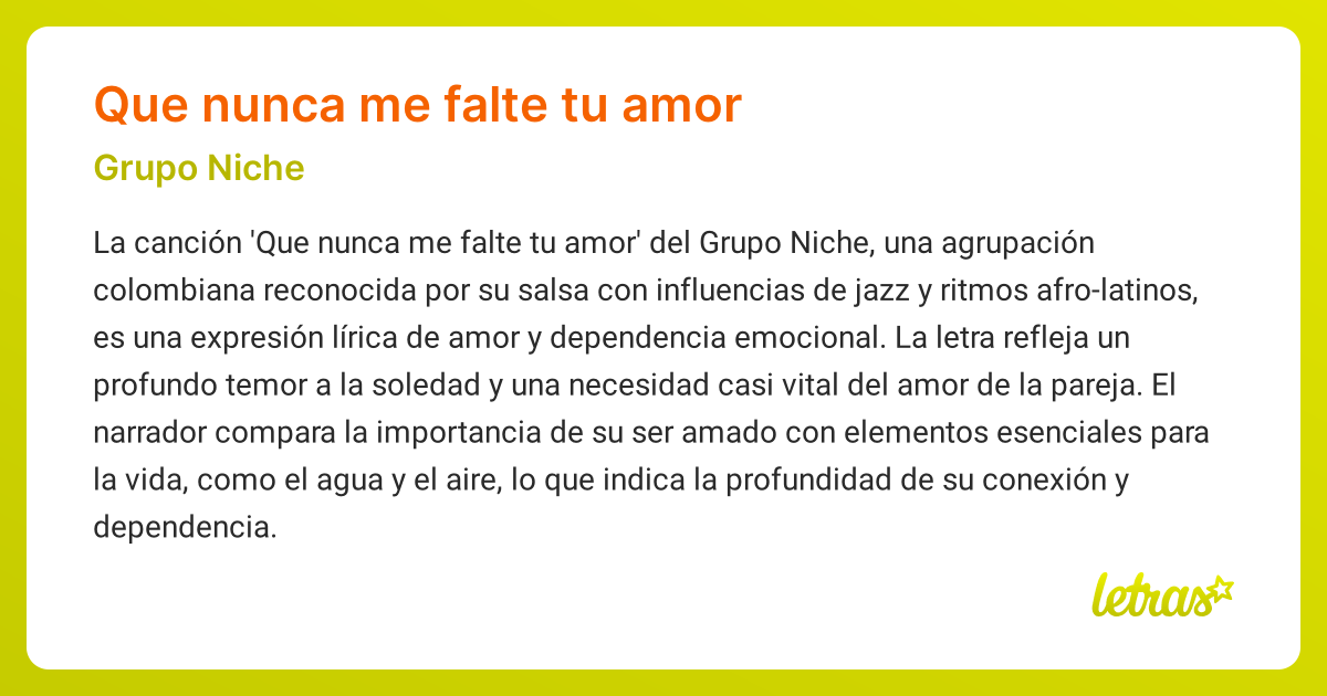 Significado de la canción QUE NUNCA ME FALTE TU AMOR (Grupo Niche ...