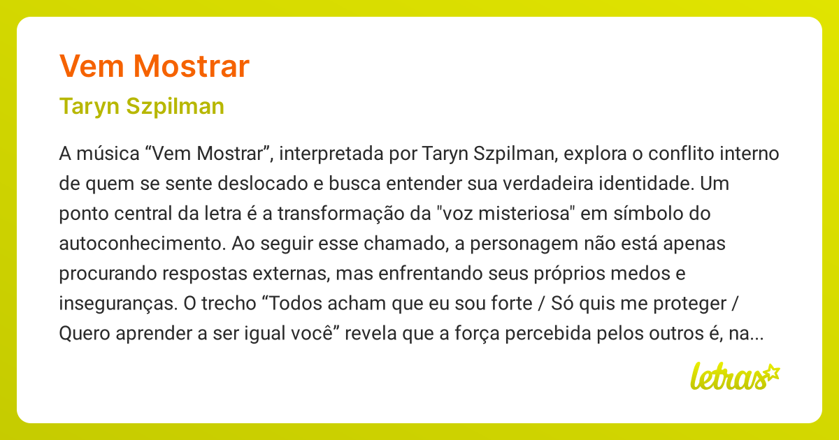 Significado da música VEM MOSTRAR (Taryn Szpilman) - LETRAS.MUS.BR