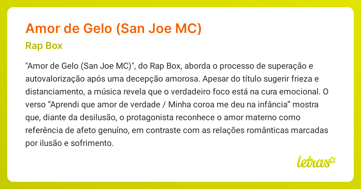 Significado da música AMOR DE GELO (SAN JOE MC) (Rap Box) - LETRAS.MUS.BR