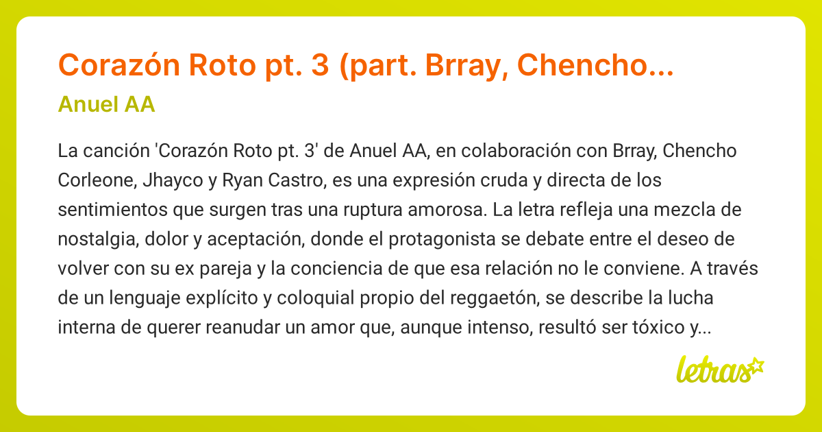 Significado de la canción Corazón Roto pt. 3 (part. Brray, Chencho ...