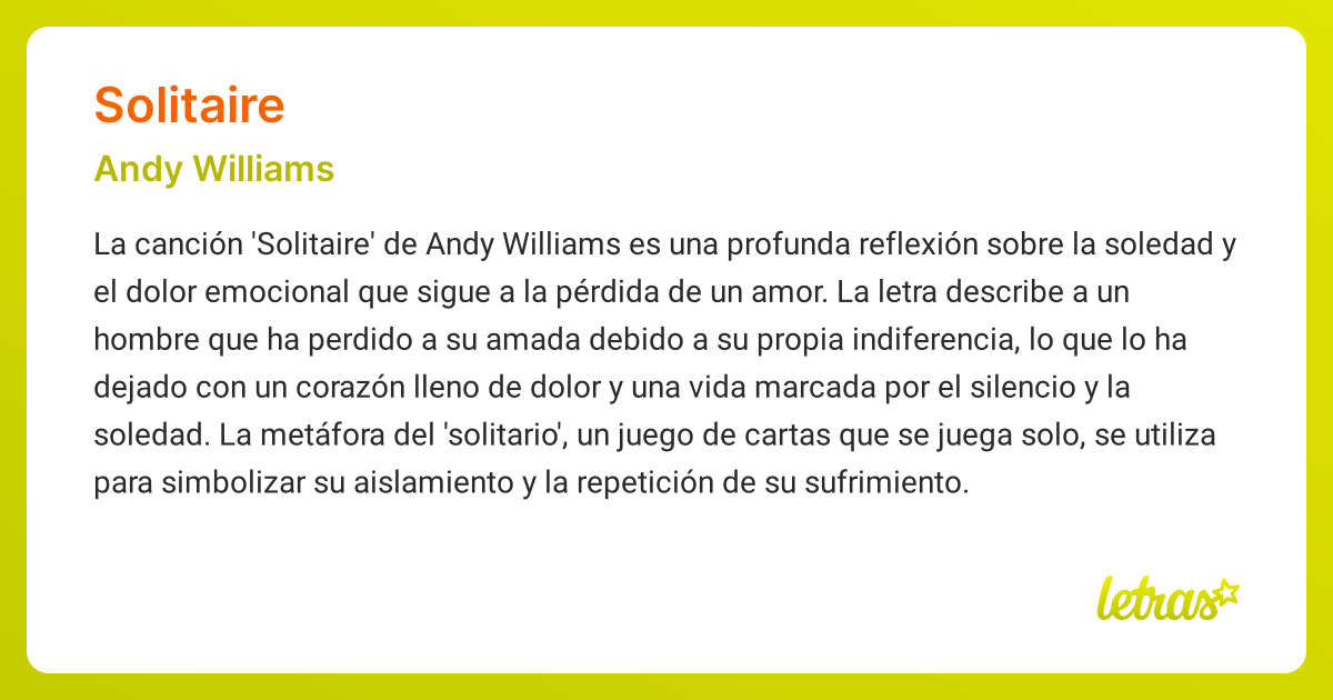 Significado de la canción SOLITAIRE (Andy Williams) - LETRAS.COM
