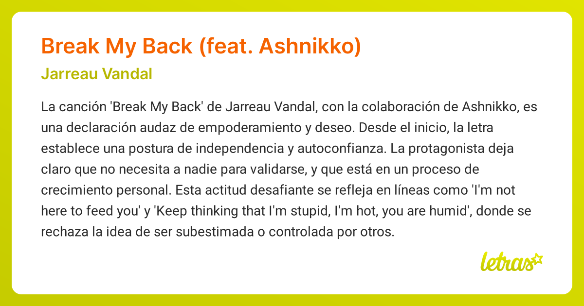 Significado de la canción BREAK MY BACK (FEAT. ASHNIKKO) (Jarreau ...