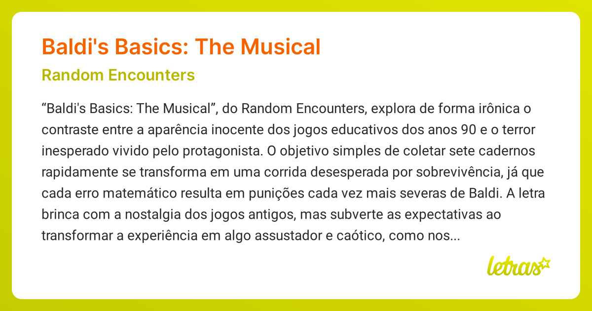 Significado da música BALDI'S BASICS: THE MUSICAL (Random Encounters ...