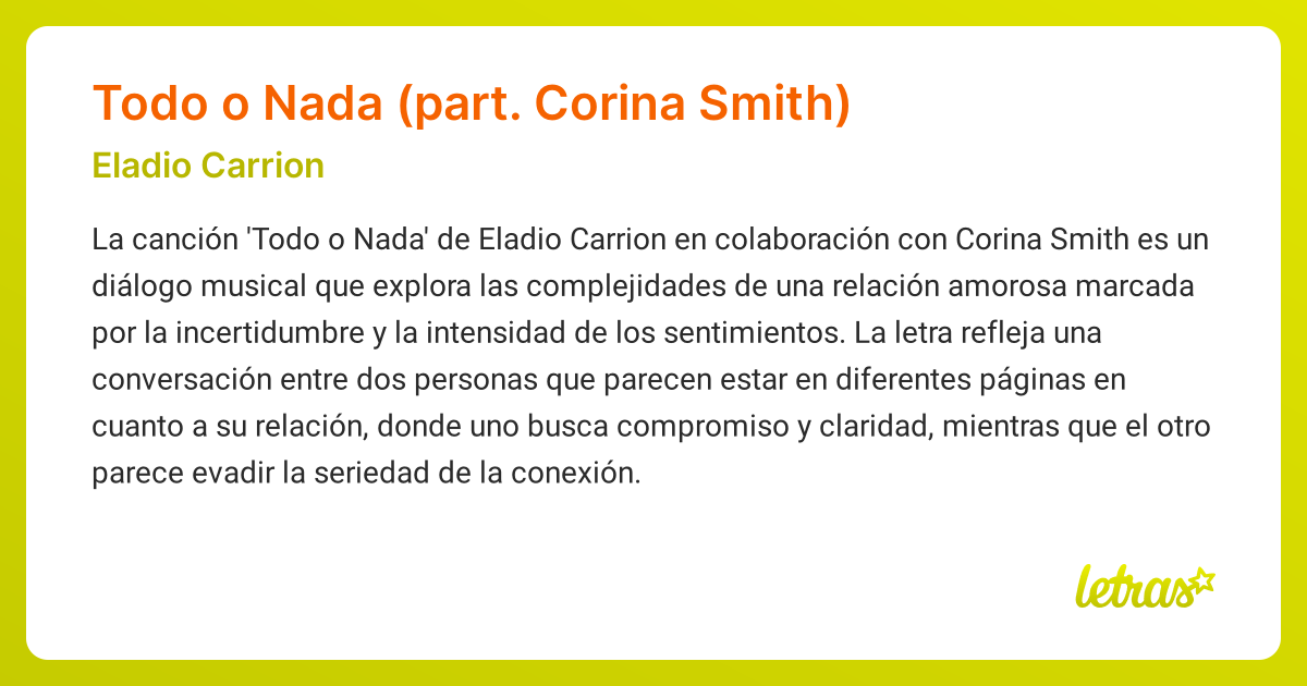 Significado de la canción Todo o Nada (part. Corina Smith) (Eladio ...