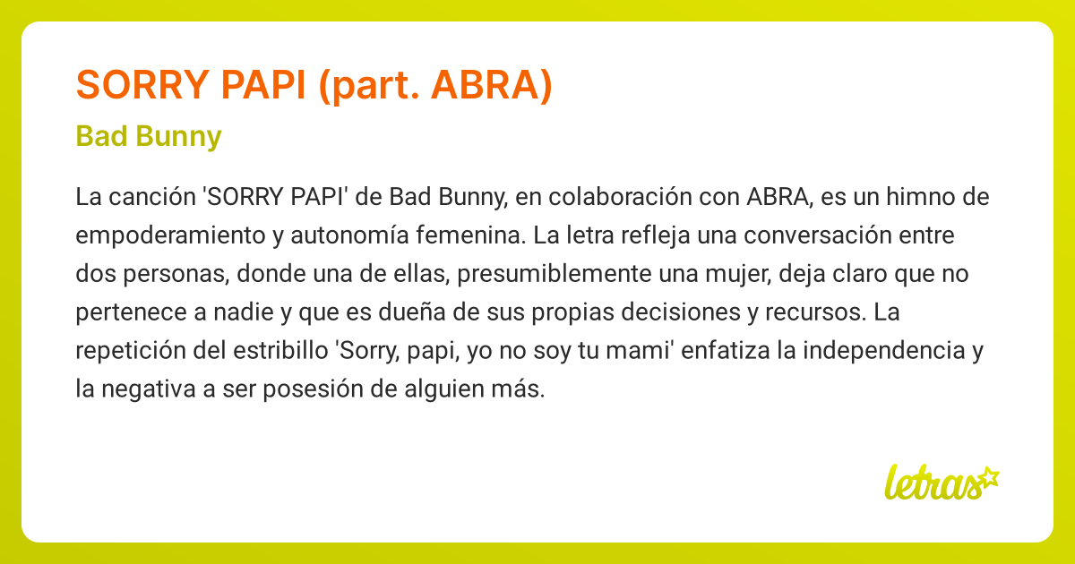 Significado de la canción SORRY PAPI (PART. ABRA) (Bad Bunny) - LETRAS.COM