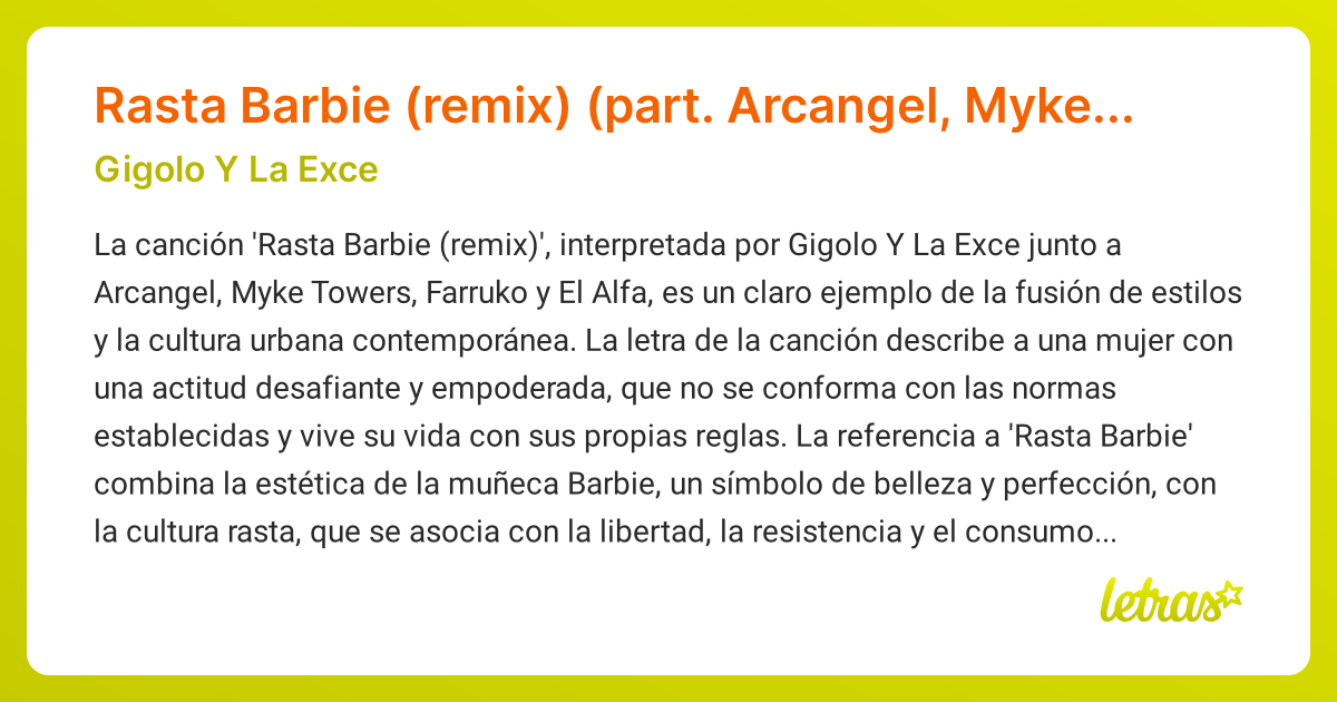 Significado de la canción Rasta Barbie (remix) (part. Arcangel, Myke ...