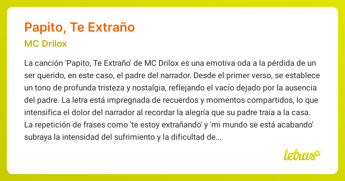 Significado de la canción PAPITO, TE EXTRAÑO (MC Drilox) - LETRAS.COM