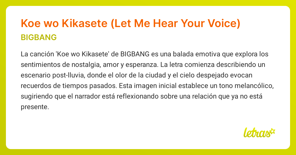 Significado de la canción Koe wo Kikasete (Let Me Hear Your Voice) (BIGBANG) - LETRAS.COM