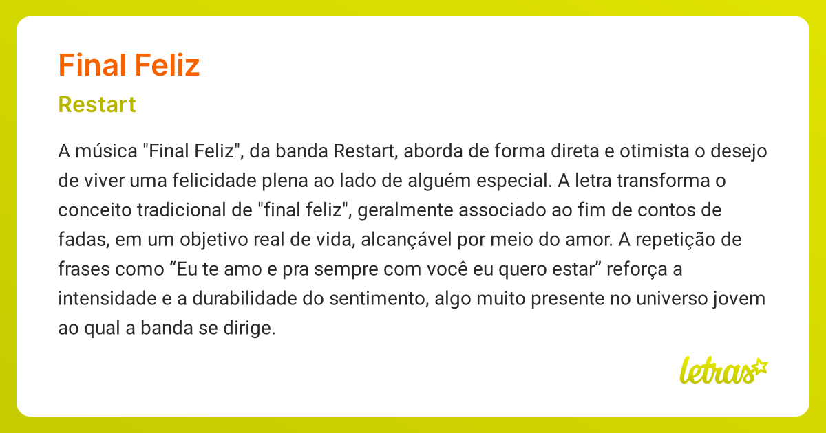 Significado da música FINAL FELIZ (Restart) - LETRAS.MUS.BR