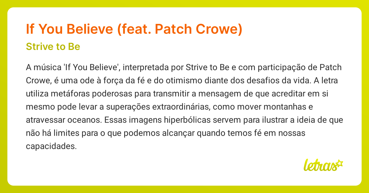 Significado da música If You Believe (feat. Patch Crowe) (Strive to Be ...