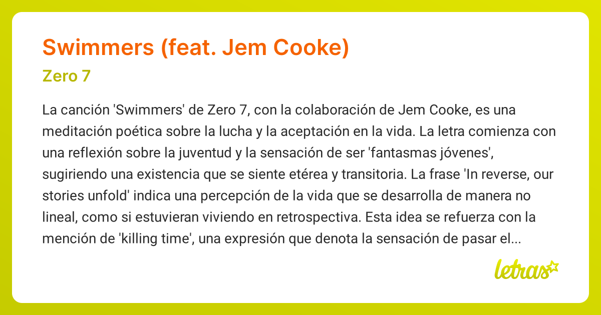 Significado de la canción SWIMMERS (FEAT. JEM COOKE) (Zero 7) - LETRAS.COM