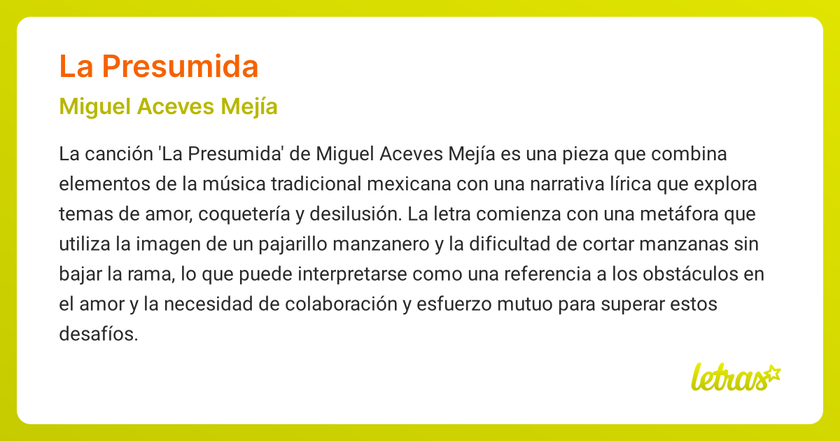 Significado de la canción LA PRESUMIDA (Miguel Aceves Mejía) - LETRAS.COM