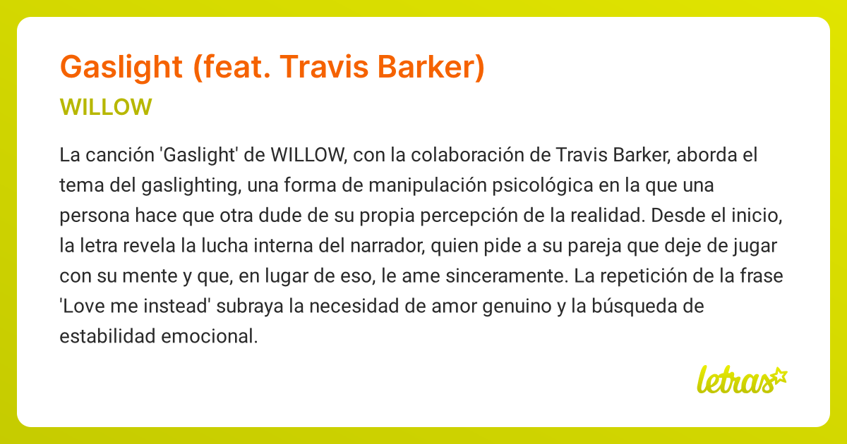 Significado de la canción GASLIGHT (FEAT. TRAVIS BARKER) (WILLOW ...