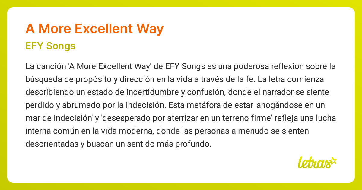 Significado de la canción A MORE EXCELLENT WAY (EFY Songs) - LETRAS.COM