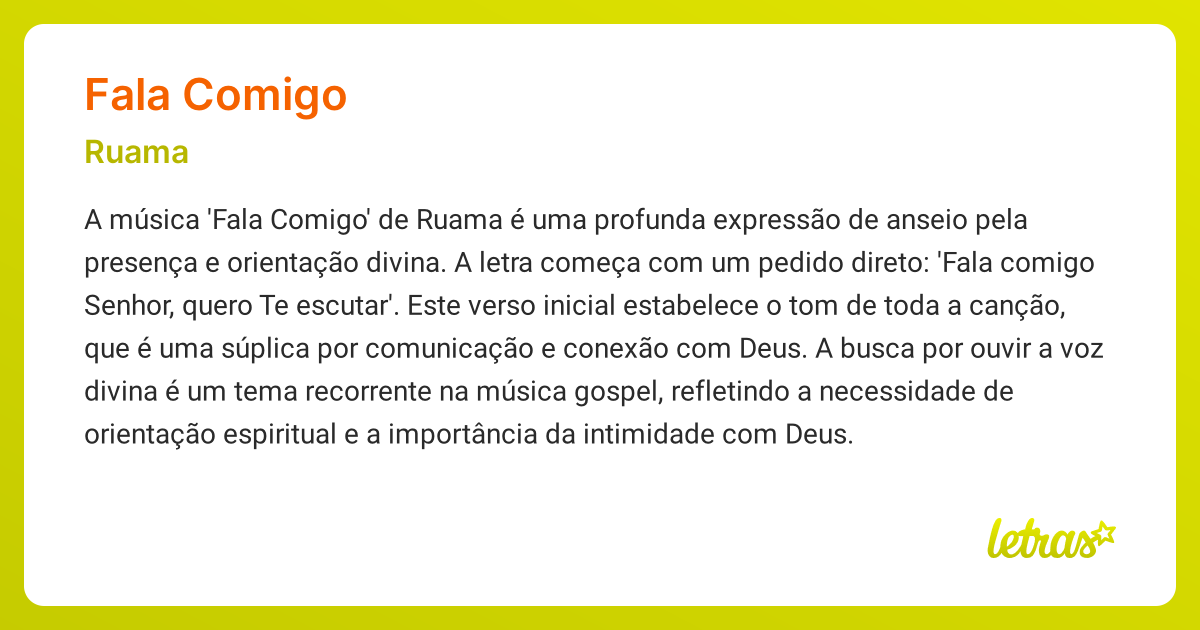 Significado da música FALA COMIGO (Ruama) - LETRAS.MUS.BR