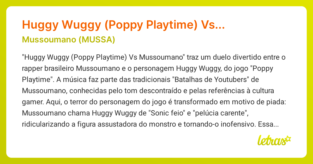 Significado da música Huggy Wuggy (Poppy Playtime) Vs Mussoumano (Mussoumano (MUSSA)) - LETRAS ...