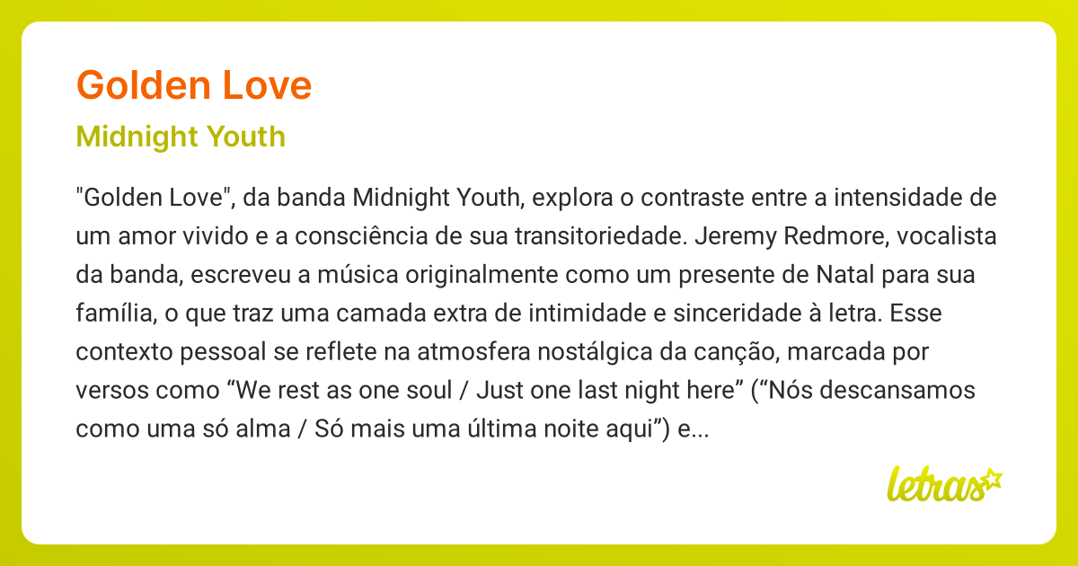 Significado da música GOLDEN LOVE (Midnight Youth) - LETRAS.MUS.BR