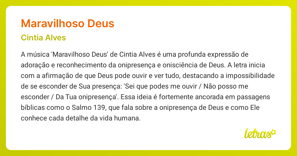 Significado da música MARAVILHOSO DEUS (Cintia Alves) - LETRAS.MUS.BR