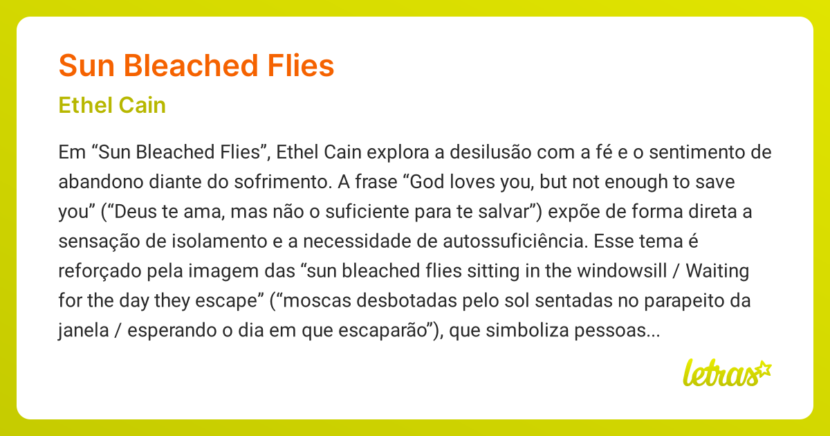 Significado da música SUN BLEACHED FLIES (Ethel Cain) - LETRAS.MUS.BR