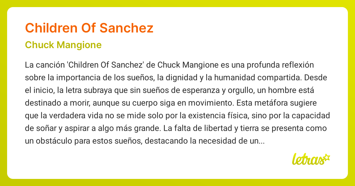 Significado de la canción CHILDREN OF SANCHEZ (Chuck Mangione) - LETRAS.COM