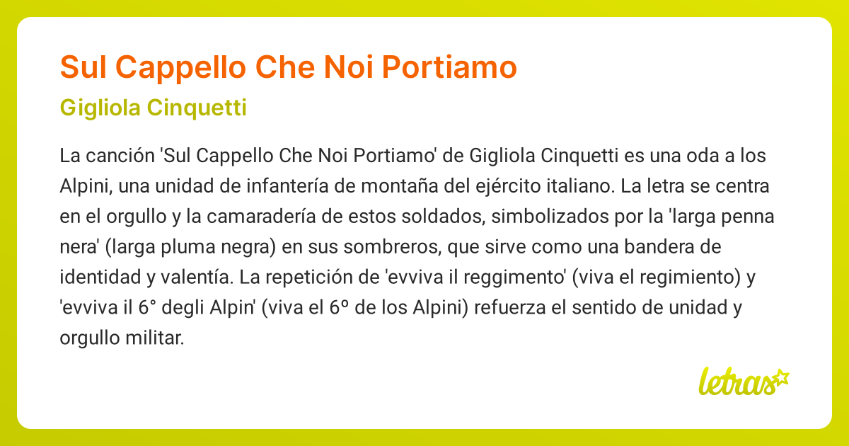 Significado de la canción SUL CAPPELLO CHE NOI PORTIAMO (Gigliola ...