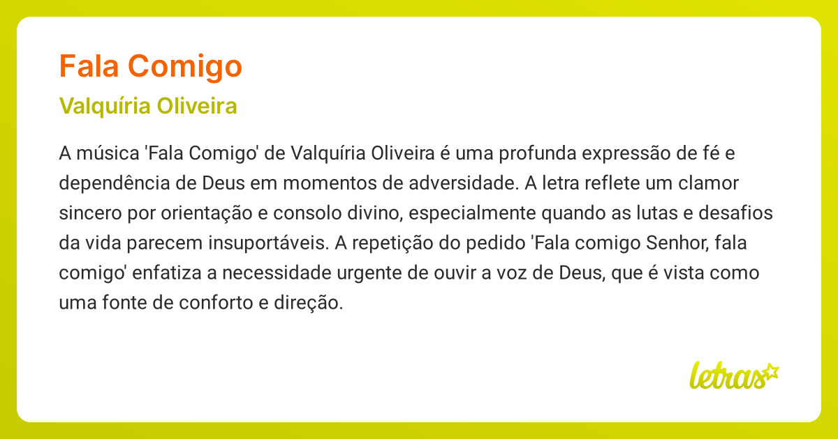 Significado da música FALA COMIGO (Valquíria Oliveira) - LETRAS.MUS.BR