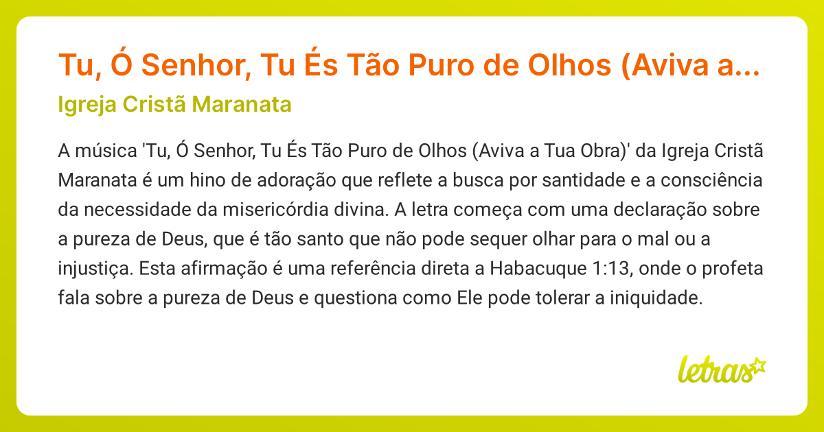 Significado da música Tu, Ó Senhor, Tu És Tão Puro de Olhos (Aviva a ...