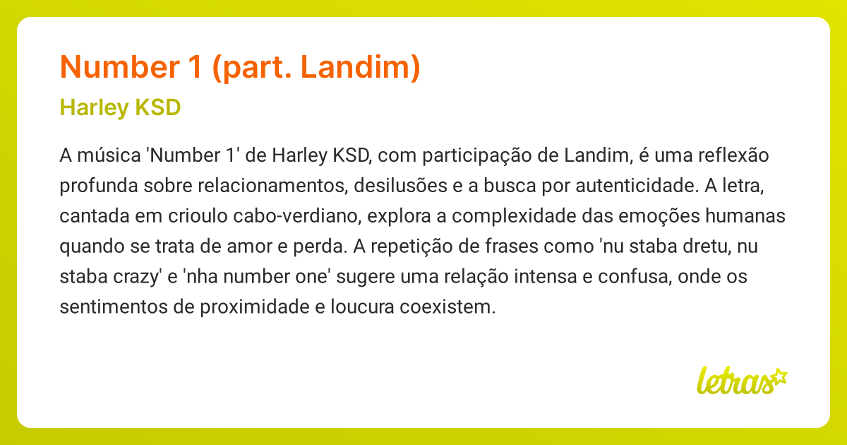 Significado da música NUMBER 1 (PART. LANDIM) (Harley KSD) - LETRAS.MUS.BR