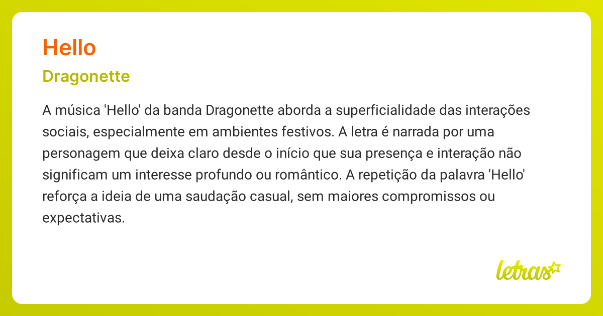 Significado da música HELLO (Dragonette) - LETRAS.MUS.BR