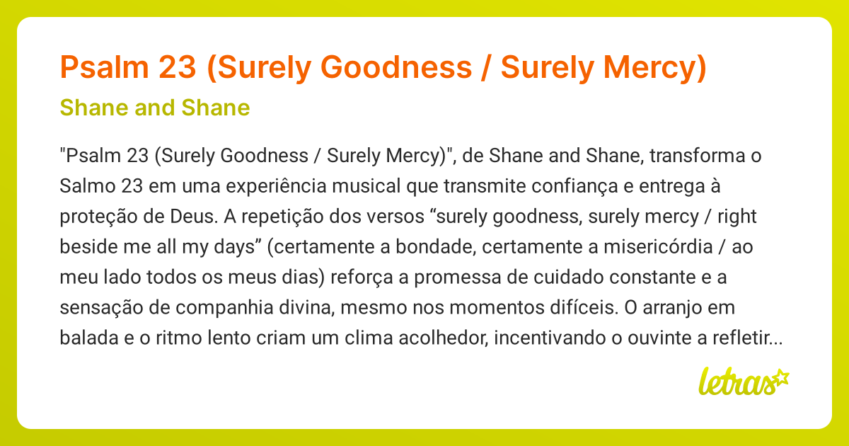 Significado da música Psalm 23 (Surely Goodness / Surely Mercy) (Shane ...