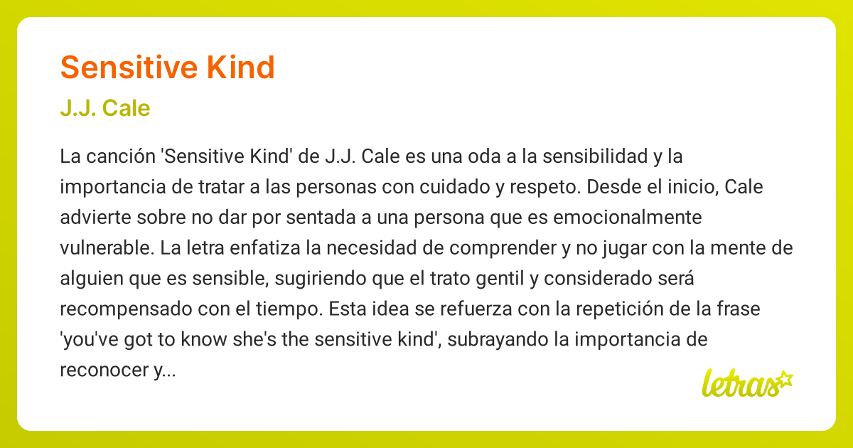 Significado de la canción SENSITIVE KIND (J.J. Cale) - LETRAS.COM