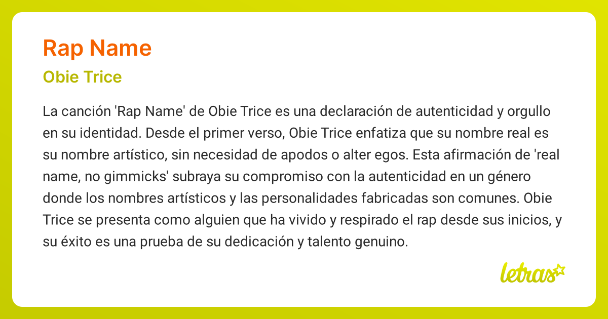 Significado de la canción RAP NAME (Obie Trice) - LETRAS.COM