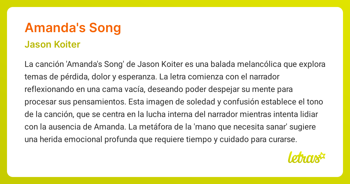 Significado de la canción AMANDA'S SONG (Jason Koiter) - LETRAS.COM