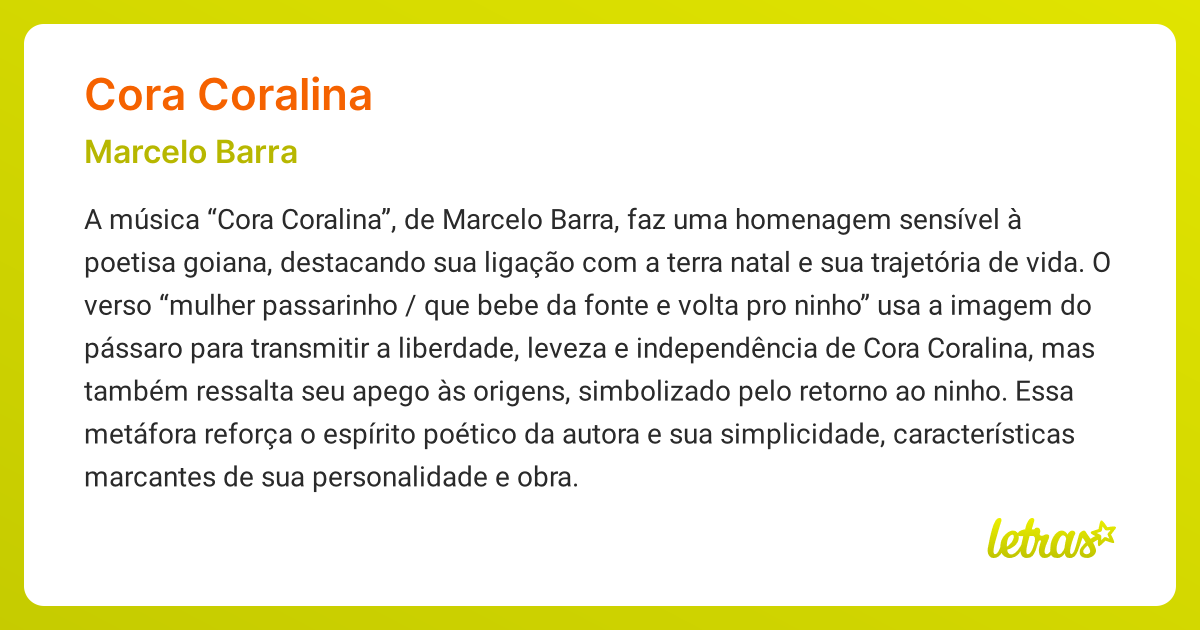 Significado da música CORA CORALINA (Marcelo Barra) - LETRAS.MUS.BR