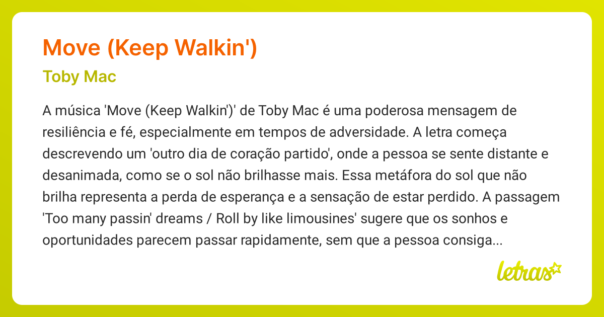 Significado da música MOVE (KEEP WALKIN') (Toby Mac) - LETRAS.MUS.BR