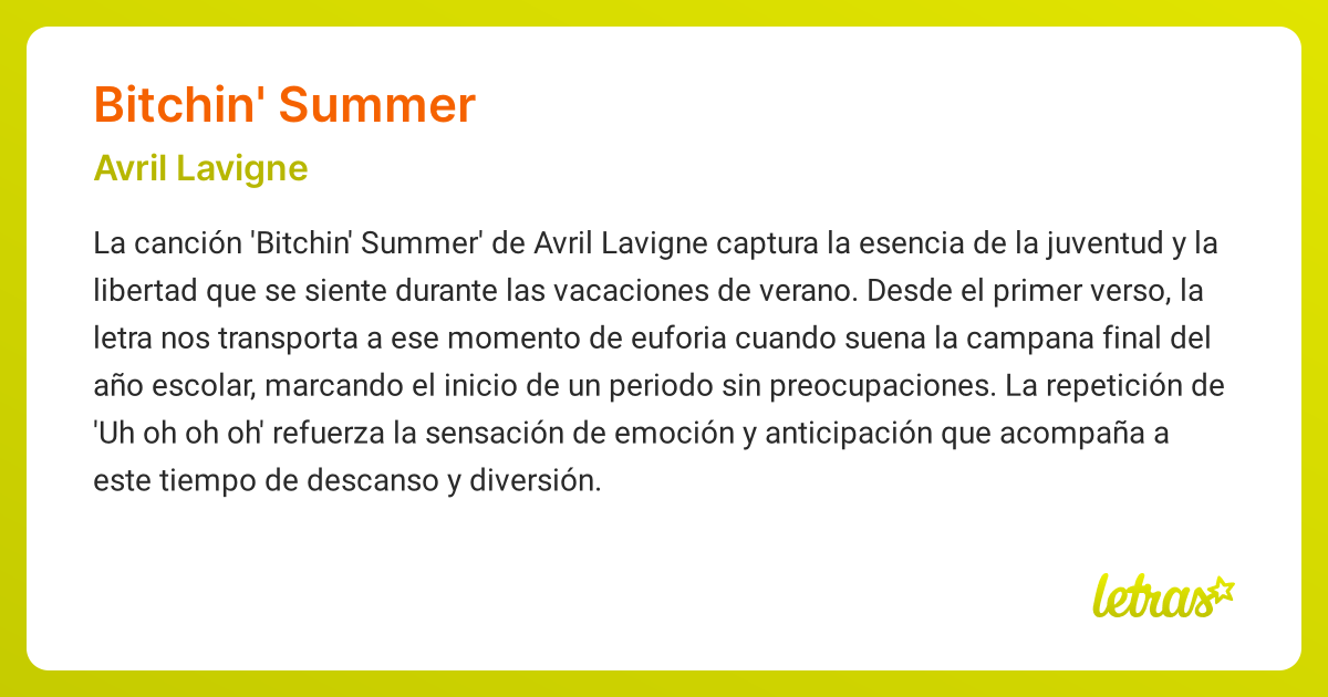 Significado de la canción BITCHIN' SUMMER (Avril Lavigne) - LETRAS.COM