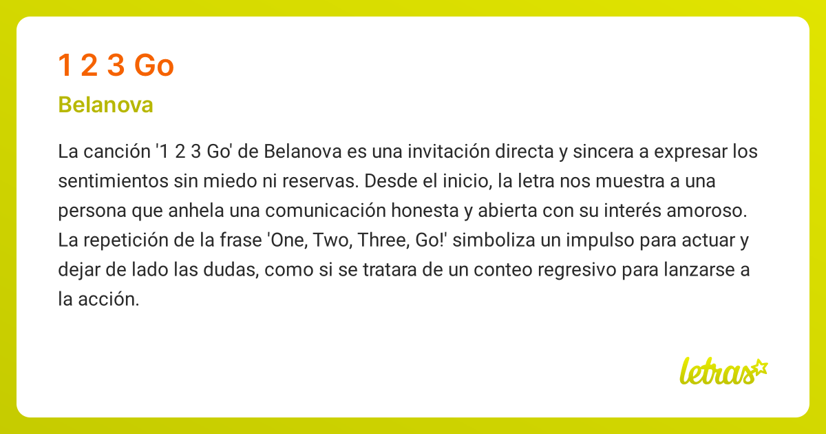 Significado de la canción 1 2 3 GO (Belanova) - LETRAS.COM