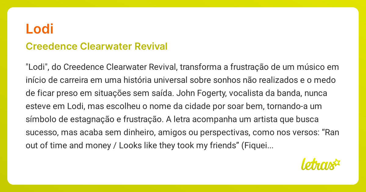 Significado da música LODI (Creedence Clearwater Revival) - LETRAS.MUS.BR