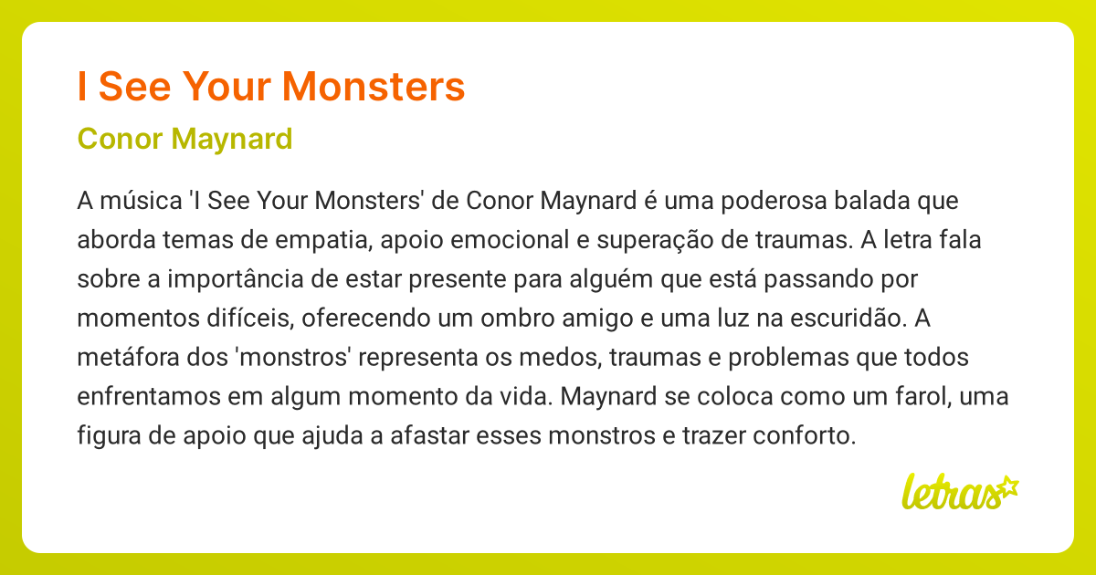 Significado da música I SEE YOUR MONSTERS (Conor Maynard) - LETRAS.MUS.BR