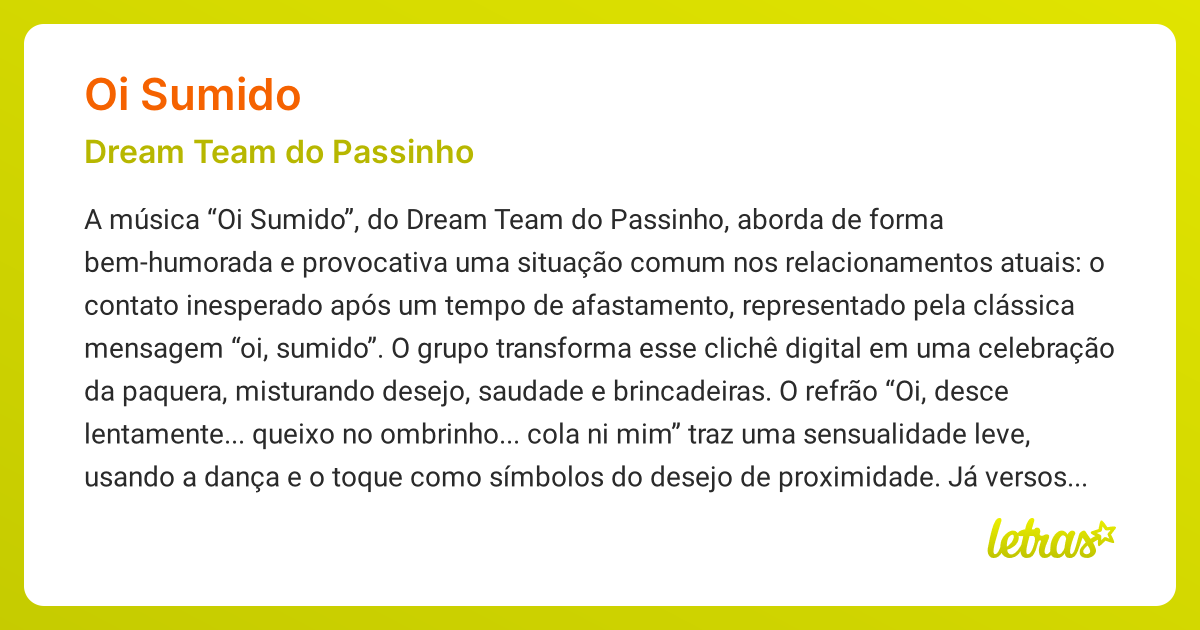 Significado da música OI SUMIDO (Dream Team do Passinho) - LETRAS.MUS.BR