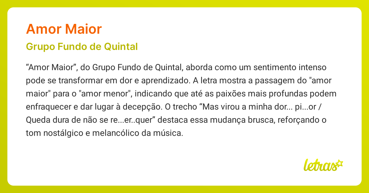 Significado da música AMOR MAIOR (Grupo Fundo de Quintal) - LETRAS.MUS.BR