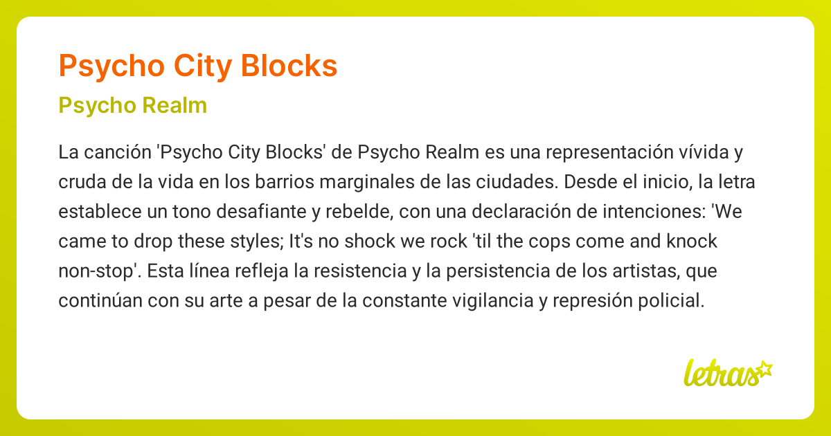 Significado de la canción PSYCHO CITY BLOCKS (Psycho Realm) - LETRAS.COM