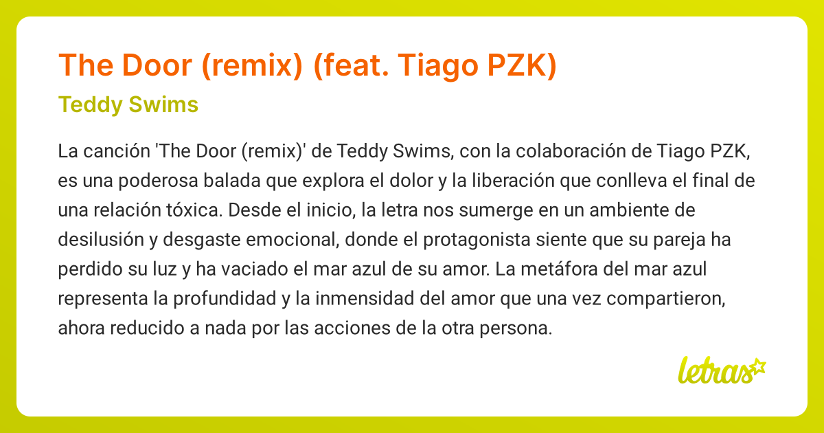 Significado de la canción The Door (remix) (feat. Tiago PZK) (Teddy ...